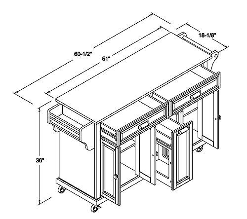 LKTART 51'' Mobile Kitchen Island Extensible 60.5''Solid Wood Table Top with 3 Drawers 4 Doors Spice Rack Towel Rack Movable on Wheels Kitchen Island for Kitchen
