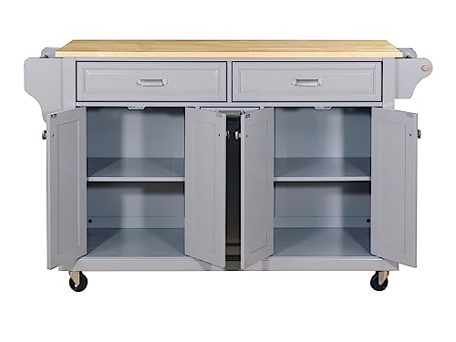 LKTART 51'' Mobile Kitchen Island Extensible 60.5''Solid Wood Table Top with 3 Drawers 4 Doors Spice Rack Towel Rack Movable on Wheels Kitchen Island for Kitchen