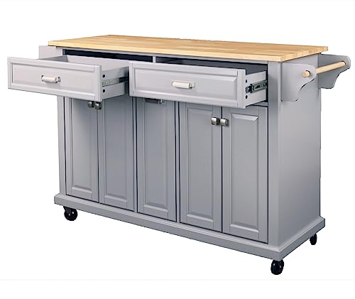 LKTART 51'' Mobile Kitchen Island Extensible 60.5''Solid Wood Table Top with 3 Drawers 4 Doors Spice Rack Towel Rack Movable on Wheels Kitchen Island for Kitchen