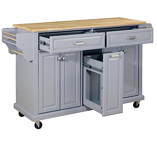 LKTART 51'' Mobile Kitchen Island Extensible 60.5''Solid Wood Table Top with 3 Drawers 4 Doors Spice Rack Towel Rack Movable on Wheels Kitchen Island for Kitchen