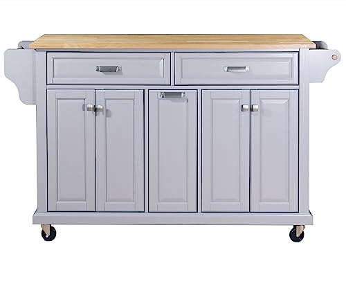LKTART 51'' Mobile Kitchen Island Extensible 60.5''Solid Wood Table Top with 3 Drawers 4 Doors Spice Rack Towel Rack Movable on Wheels Kitchen Island for Kitchen