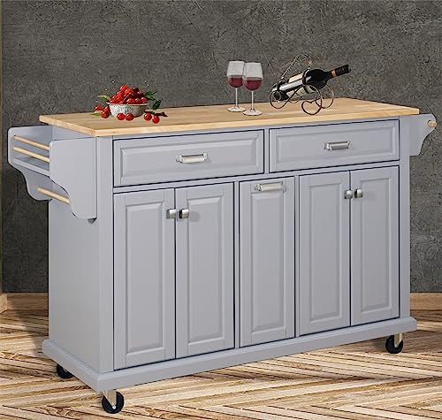 LKTART 51'' Mobile Kitchen Island Extensible 60.5''Solid Wood Table Top with 3 Drawers 4 Doors Spice Rack Towel Rack Movable on Wheels Kitchen Island for Kitchen