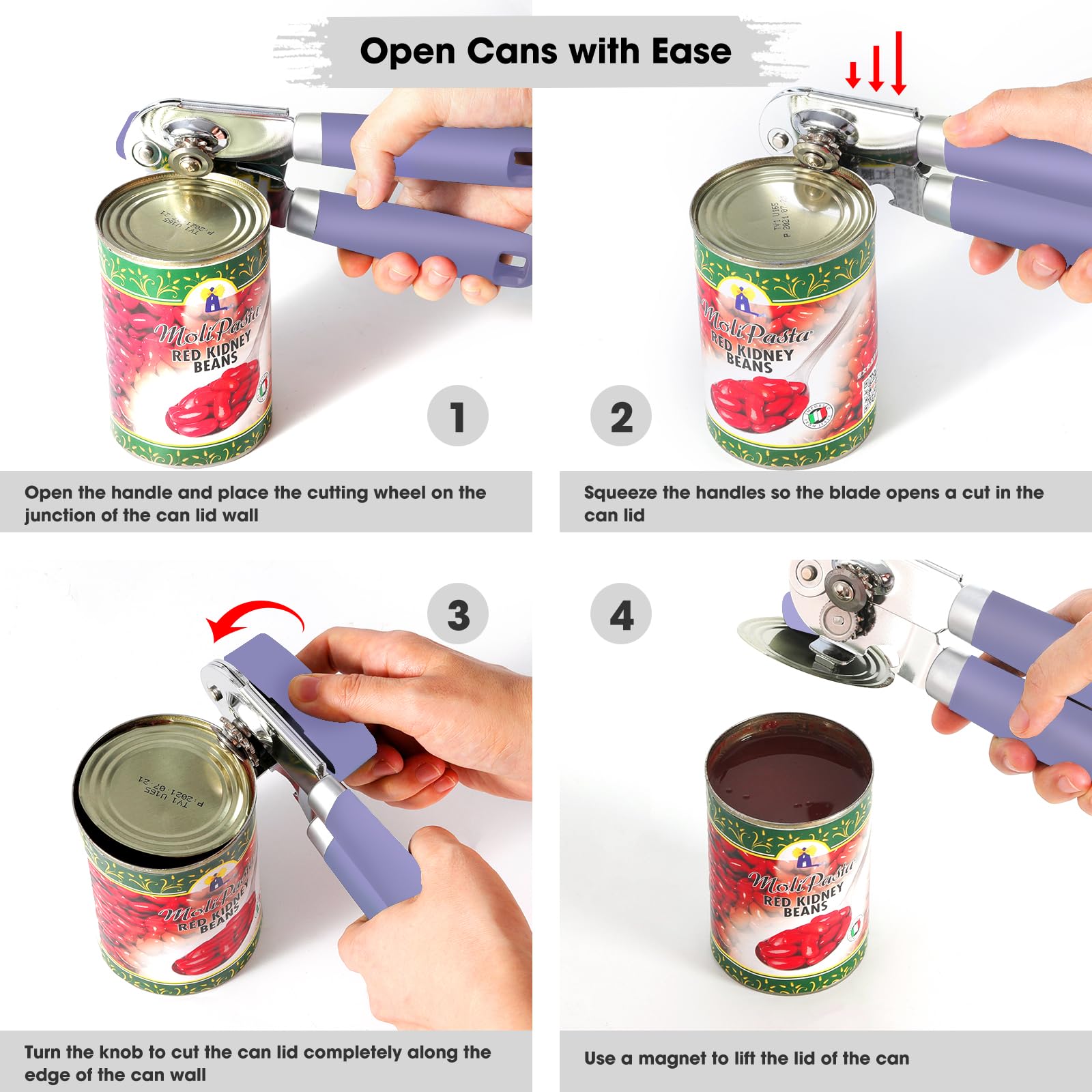 Can Opener Manual, Can Opener with Magnet, Hand Can Opener with Sharp Blade Smooth Edge, Handheld Can Openers with Big Effort-Saving Knob, Can Opener with Multifunctional Bottles Opener, Purple