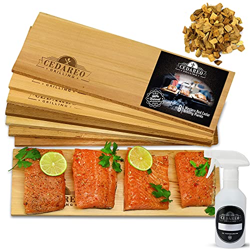 Grilling Planks Set - 8 Natural 100% Cedar Boards, Amazing Cedar Aroma, For Salmon, Shrimp, Fish, Vegetables, Apple Chips For Smoking, Cocktail Drinks, & Non-BPA Spray Bottle, Gift Set For BBQ Master