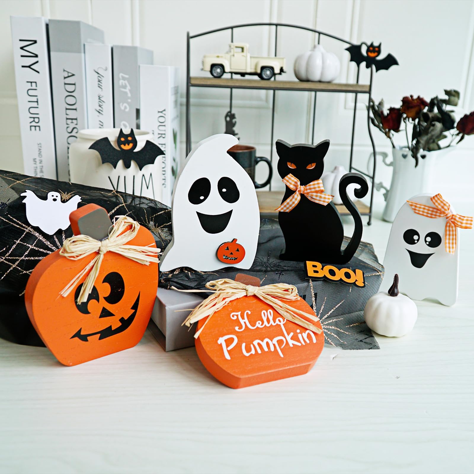 Halloween Wood Signs Decorations Halloween Wooden Signs Pumpkin Ghost Black Cat Freestanding Table Signs, Halloween Tiered Tray Decor for Rustic Farmhouse Home Mantle