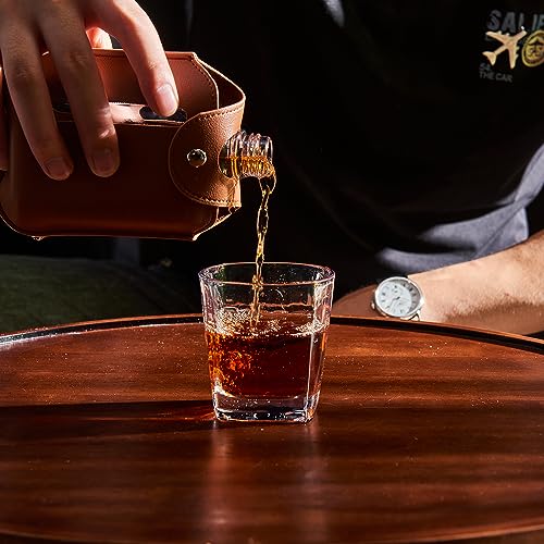 Delove Modern Glass Hip Flask with Removable PU Leather Sleeve - Durable Whiskey Flask for Men & Women - Leather Glass Flask for Liquor & Spirits,Wine (4oz x2, 7.5oz x2, Brown)