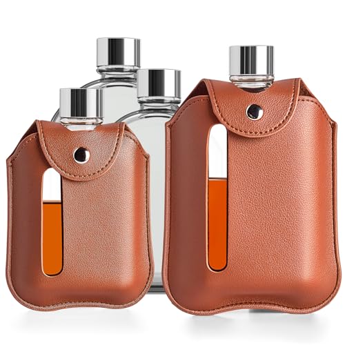 Delove Modern Glass Hip Flask with Removable PU Leather Sleeve - Durable Whiskey Flask for Men & Women - Leather Glass Flask for Liquor & Spirits,Wine (4oz x2, 7.5oz x2, Brown)