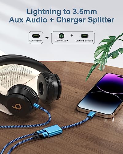 2 Pack iPhone Headphone Adapter, [Apple MFi Certified] 2 in 1 Lightning to 3.5mm Headphone Aux Audio + Charger Splitter iPhone Aux Adapter Dongle for iPhone 14 13 12 11 Pro Max Mini XR XS 8 iPad iPod