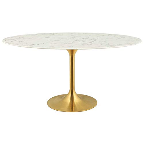 Hawthorne Collections Mid-Century 60" Oval Faux Marble Top Pedestal Dining Table in Gold