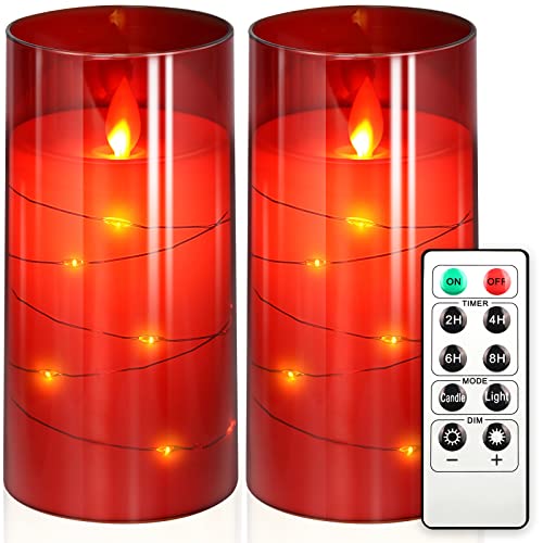 NURADA 3"x6"Flickering Flameless Candles: Built-in Star String, Unbreakable Glass Battery Operated LED Pillar Candles - Acrylic Battery Candles with Remote and Timer, Red