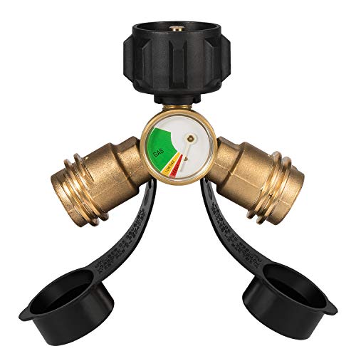 Kohree Propane Splitter, 2 Way Propane Tank Y Splitter Adapter with Gauge, LP Gas Tee Connector Adapter for 20lb Propane Cylinder, BBQ Grill, Gas Burner, Camping Stove, Heater, RV Camper