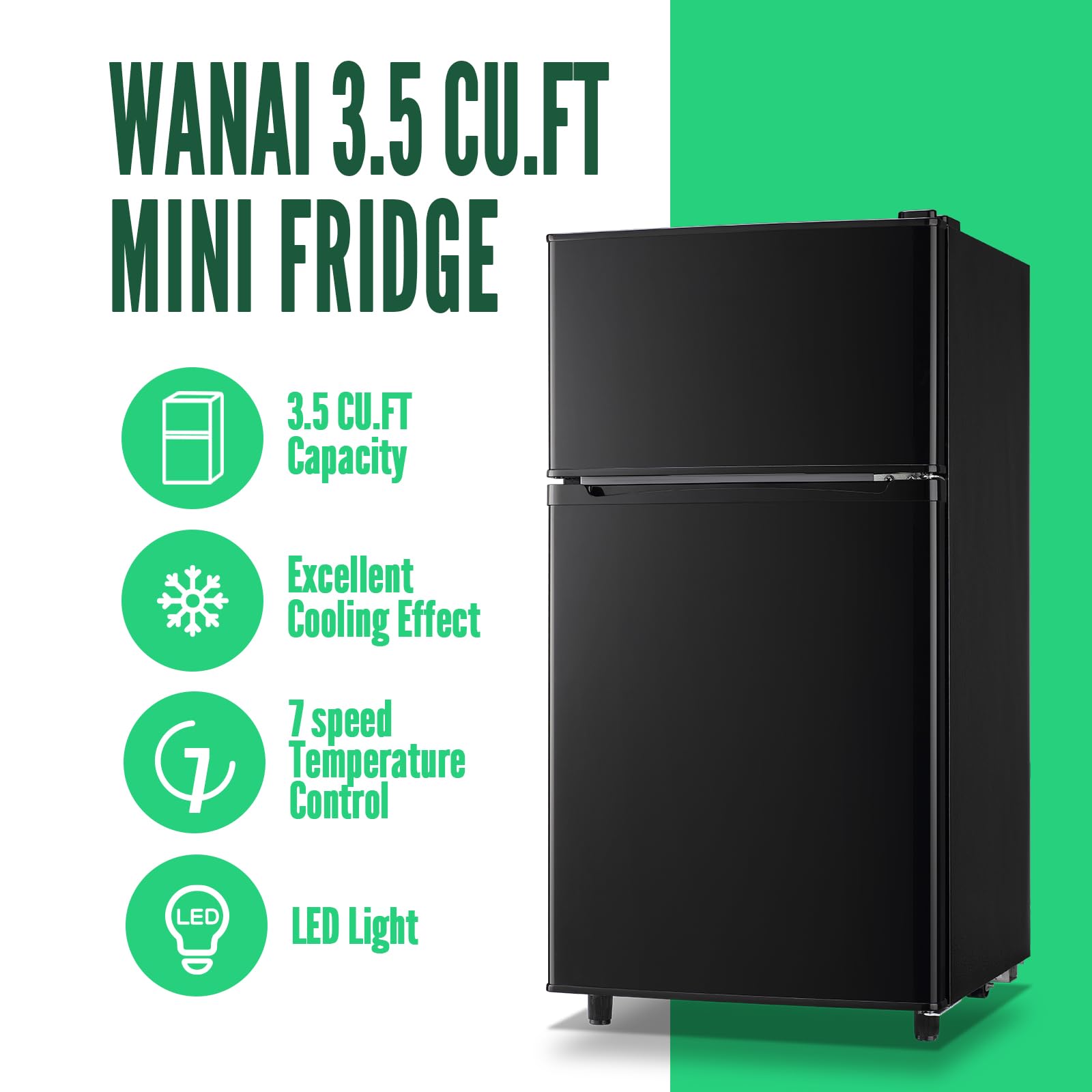 WANAI Mini Fridge with Freezer Small Double Door Refrigerator Freezer-on-Top, Black Fridge with 7 Adjustable Thermostat and Adjustable Shelves