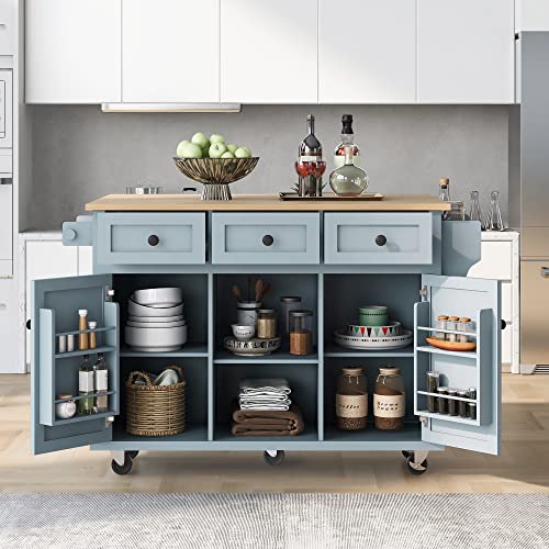 AnQuipet Kitchen Islands on Wheels with Wood Top, Farmhouse Kitchen Island with Adjustable Shelf, 3 Drawers and Open Shelves for Rolling Kitchen cart,Lockable Casters