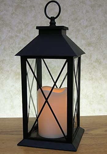Decorative Black Lantern with Cross bar Design - LED Flickering Flameless Pillar Candle with 5 Hour Timer Included - Indoor/Outdoor Lantern - 13" - Pack of 6