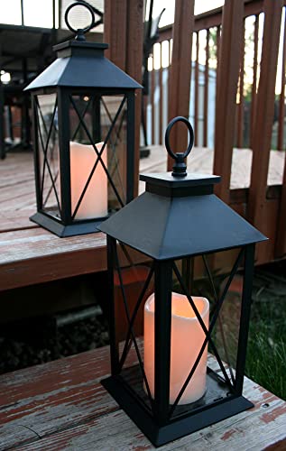 Decorative Black Lantern with Cross bar Design - LED Flickering Flameless Pillar Candle with 5 Hour Timer Included - Indoor/Outdoor Lantern - 13" - Pack of 6