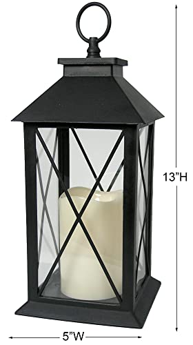Decorative Black Lantern with Cross bar Design - LED Flickering Flameless Pillar Candle with 5 Hour Timer Included - Indoor/Outdoor Lantern - 13" - Pack of 6