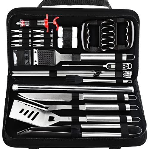 POLIGO 28PC Exclusive BBQ Grill Accessories in Carrying Bag for Birthday Christmas Grilling Gifts - Premium Grill Utensils Set with Barbecue Claws, Meat Injector, Thermometer for Smoker, Camping