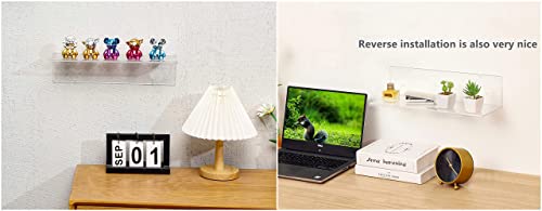 LikeU 4 PCS Clear Acrylic Floating Shelves Display Ledge,5 MM Thick Wall Mounted Storage Shelf with Detachable Hooks for Entryway/Living Room/Kitchen or Office 15.8 Inch Damage Free Bathroom Shelves