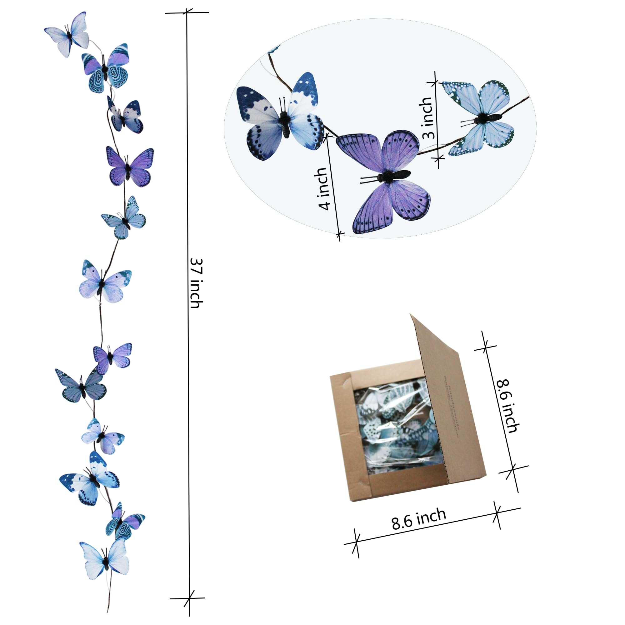 Artificial Butterfly Garland, Fake Butterfly Decorative Vines, DIY 3D Unique Butterfly Hanging Decor for Home Wall Easter Spring Flowers Party Wedding Arch Shopping (Dark Blue)