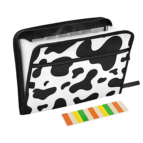 Cow Skin Print Expanding File Folder, 13 Pockets Accordion File Organizer with Sticky Labels Zipper Portable A4 Document Organizer for Home Office School Supplies