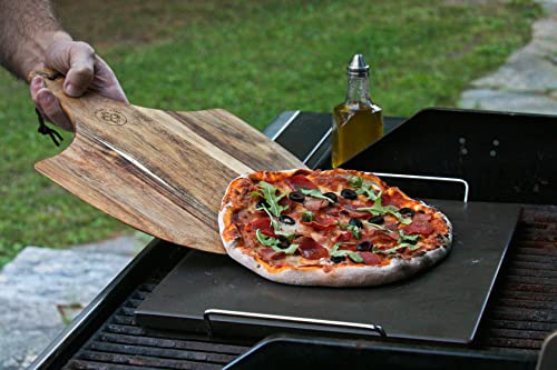Advanced Pizza Stone for Oven and Grill - Ceramic Coated Non Stick with Wooden Pizza Peel Paddle & Pizza Cutter Set - Detachable Serving Handles - BBQ Grilling Accessories - 15" Large Stone
