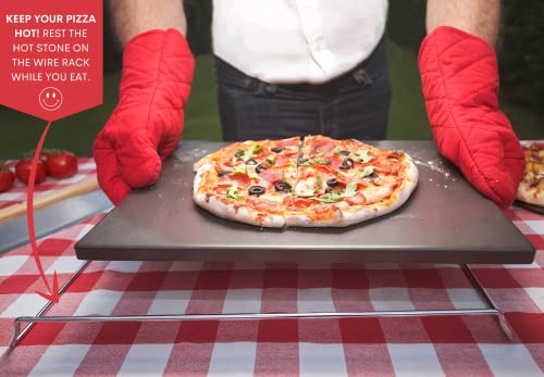 Advanced Pizza Stone for Oven and Grill - Ceramic Coated Non Stick with Wooden Pizza Peel Paddle & Pizza Cutter Set - Detachable Serving Handles - BBQ Grilling Accessories - 15" Large Stone
