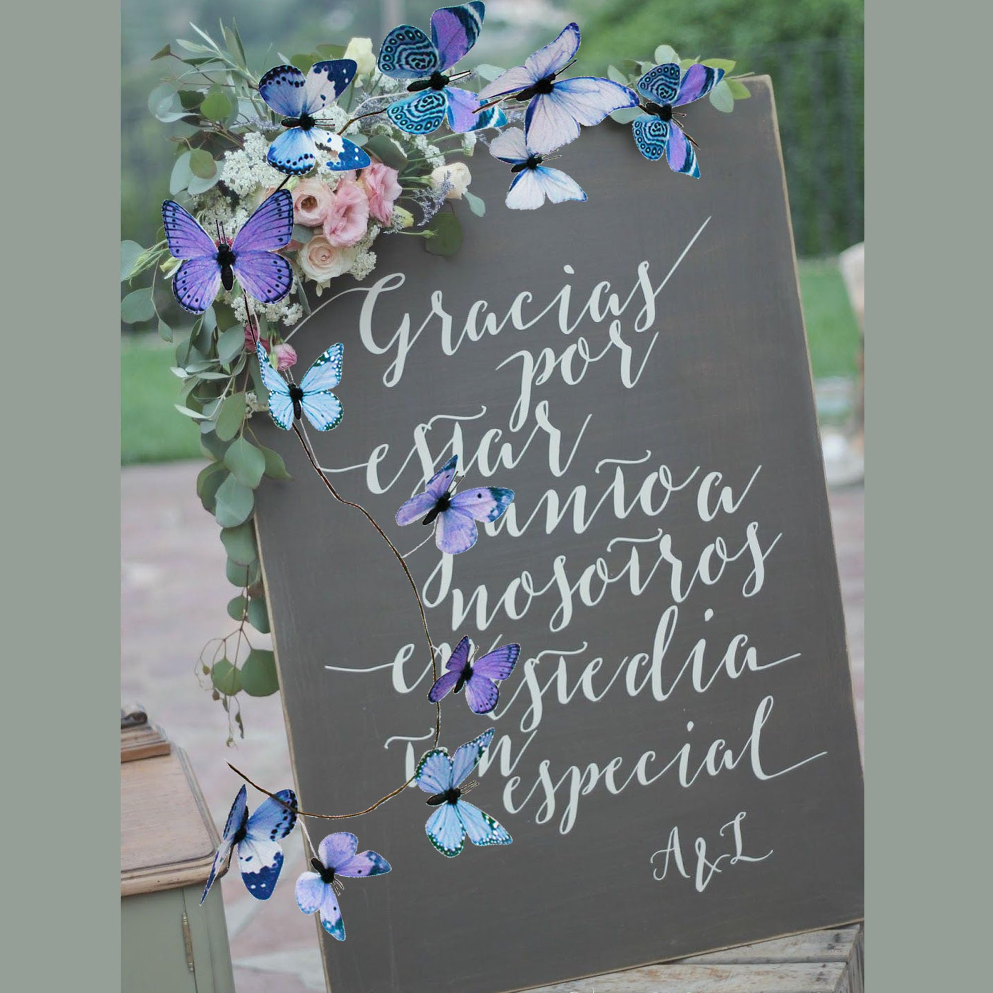 Artificial Butterfly Garland, Fake Butterfly Decorative Vines, DIY 3D Unique Butterfly Hanging Decor for Home Wall Easter Spring Flowers Party Wedding Arch Shopping (Dark Blue)