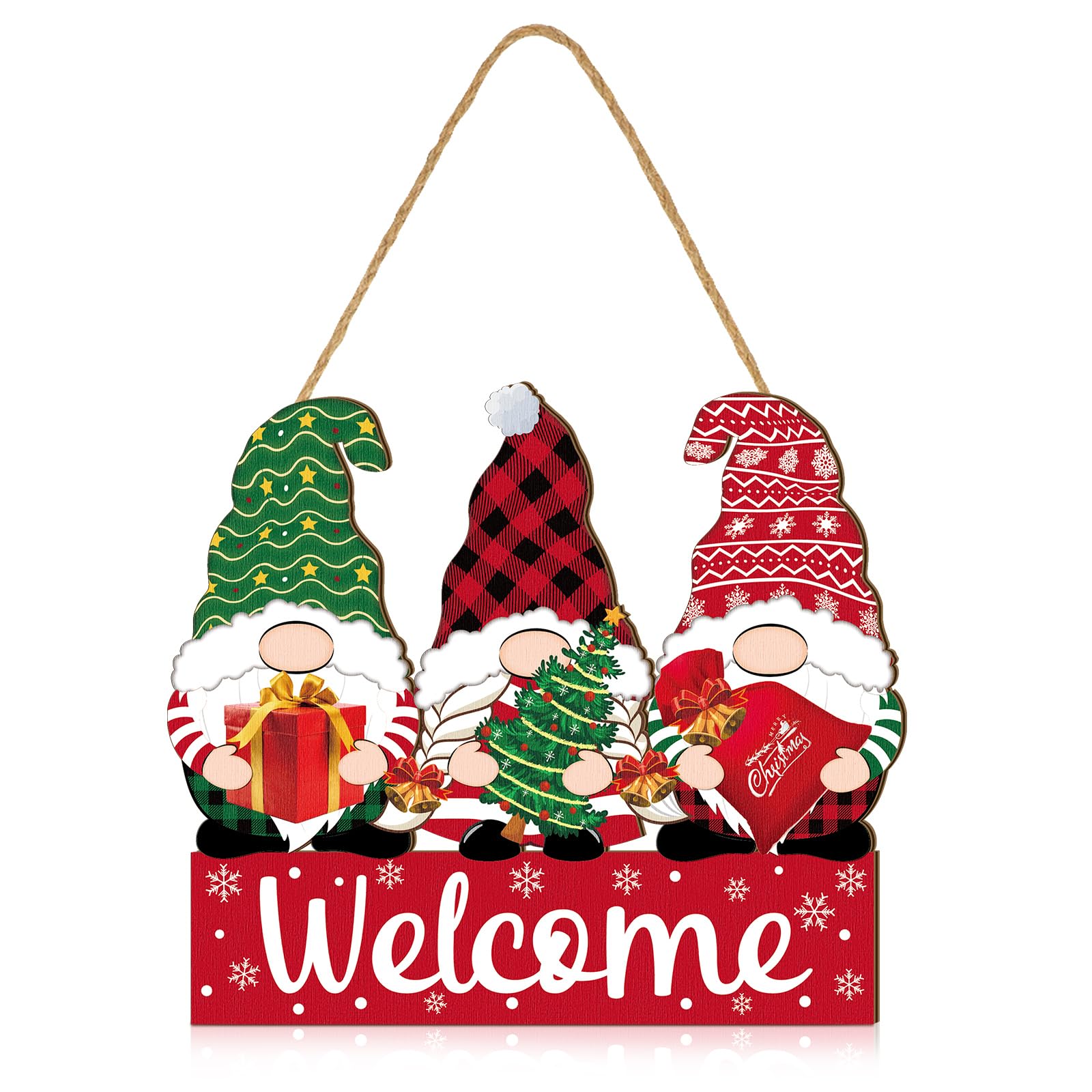Christmas Door Sign Christmas Welcome Sign Wooden Gnome Hanging Sign Rustic Wood Hanging Sign with Ropes Xmas Winter Wall Plaque Decor for Front Door Porch Farmhouse Outdoor Home Decor