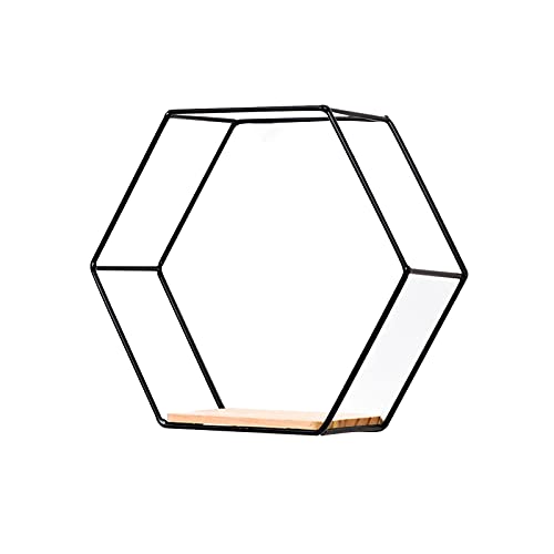 WskLinft Wood Iron Hexagonal Shelf Wall-Mounted Storage Rack for Home Hotel Luxury Decorations Black S