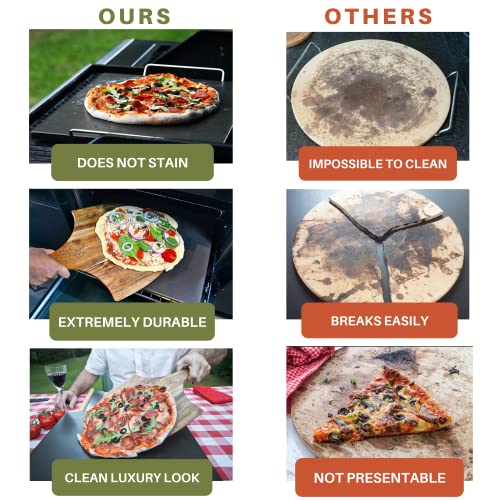 Advanced Pizza Stone for Oven and Grill - Ceramic Coated Non Stick with Wooden Pizza Peel Paddle & Pizza Cutter Set - Detachable Serving Handles - BBQ Grilling Accessories - 15" Large Stone