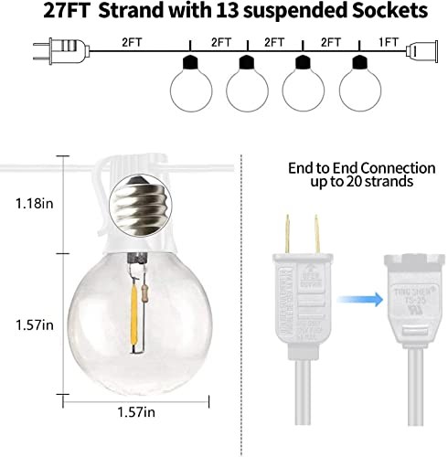 SUNTHIN Outdoor White String Lights, 27FT White Patio Lights with 14 G40 Shatterproof LED Bulbs(1 Spare), Waterproof Hanging Outside Lights for Yard, Porch, Deck, Garden, Pergola