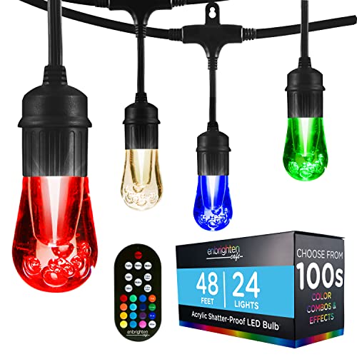 Enbrighten Vintage Seasons Café Lights, Outdoor String Lights, Black, 48 Foot Length, 24 Lifetime Bulbs, Color Changing, Weatherproof, Shatterproof, Commercial Grade, 37790