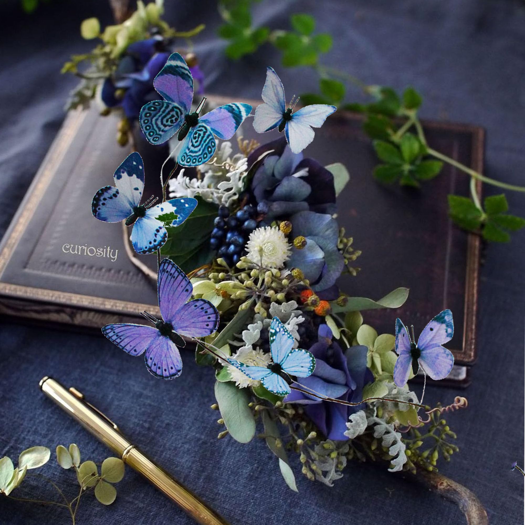Artificial Butterfly Garland, Fake Butterfly Decorative Vines, DIY 3D Unique Butterfly Hanging Decor for Home Wall Easter Spring Flowers Party Wedding Arch Shopping (Dark Blue)