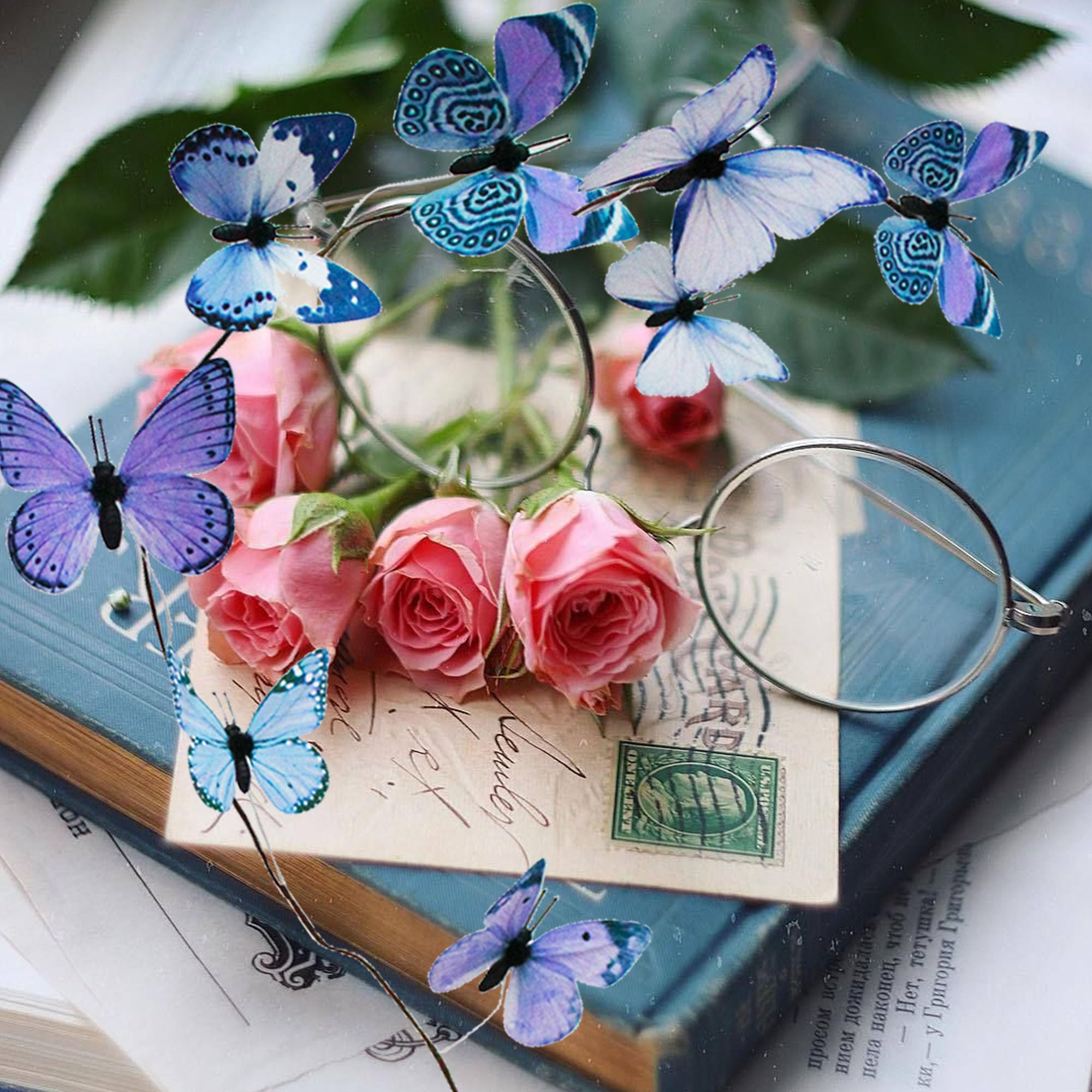 Artificial Butterfly Garland, Fake Butterfly Decorative Vines, DIY 3D Unique Butterfly Hanging Decor for Home Wall Easter Spring Flowers Party Wedding Arch Shopping (Dark Blue)