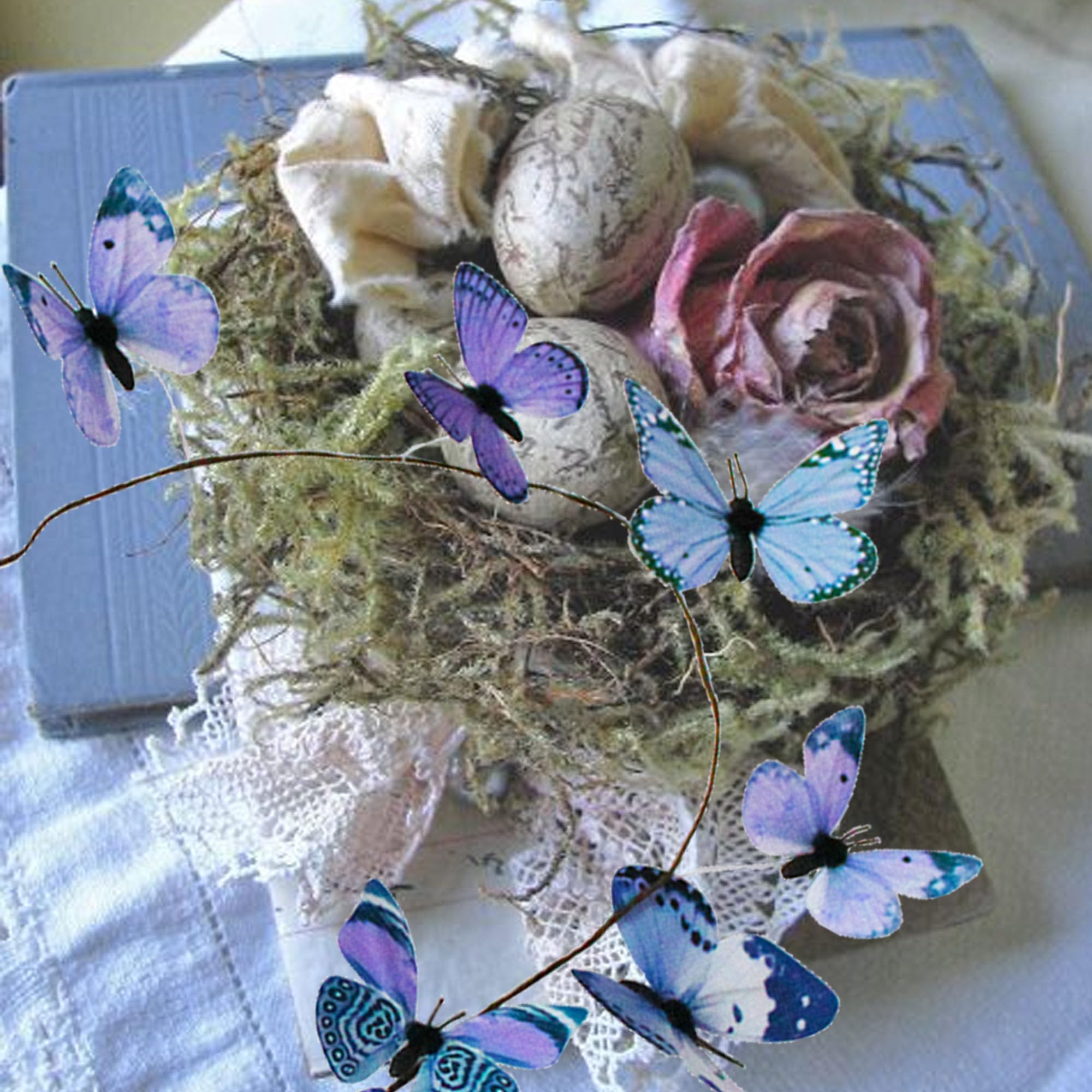 Artificial Butterfly Garland, Fake Butterfly Decorative Vines, DIY 3D Unique Butterfly Hanging Decor for Home Wall Easter Spring Flowers Party Wedding Arch Shopping (Dark Blue)