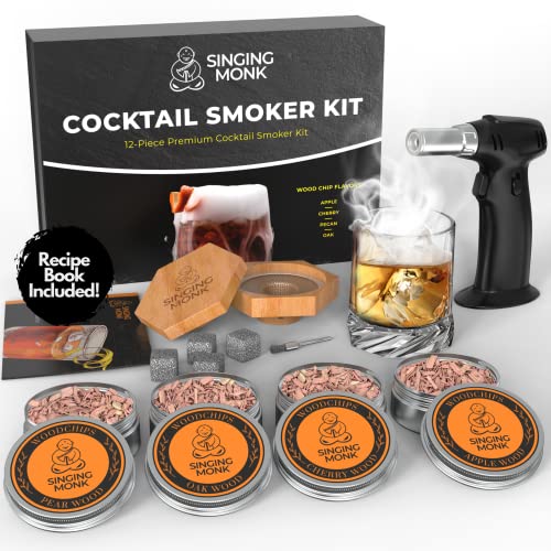 Singing Monk Cocktail Smoker Kit With Torch - Bourbon & Whiskey Smoking Accessories With 4 Wood Chip Flavors, Filter, Brush, Wooden Smoker, Stone Ice Cubes & Drink Recipe Book - Gifts for Husband, Men