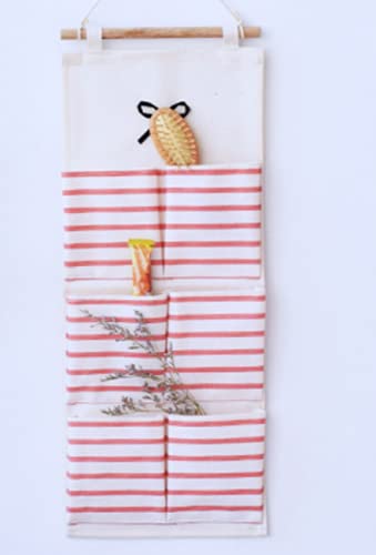Halyuhn 24 x 10 Inch 6 Pockets Wall Hanging Storage Bag, White Red Striated Waterproof Linen Fabric Organizer with Self Adhesive Hook Wood Bar, Narrow 3-Shelf Over The Door Closet Pockets Chart