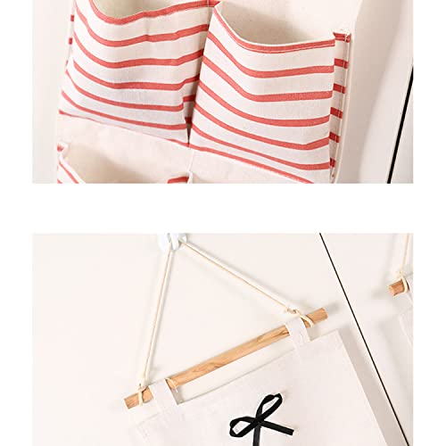 Halyuhn 24 x 10 Inch 6 Pockets Wall Hanging Storage Bag, White Red Striated Waterproof Linen Fabric Organizer with Self Adhesive Hook Wood Bar, Narrow 3-Shelf Over The Door Closet Pockets Chart