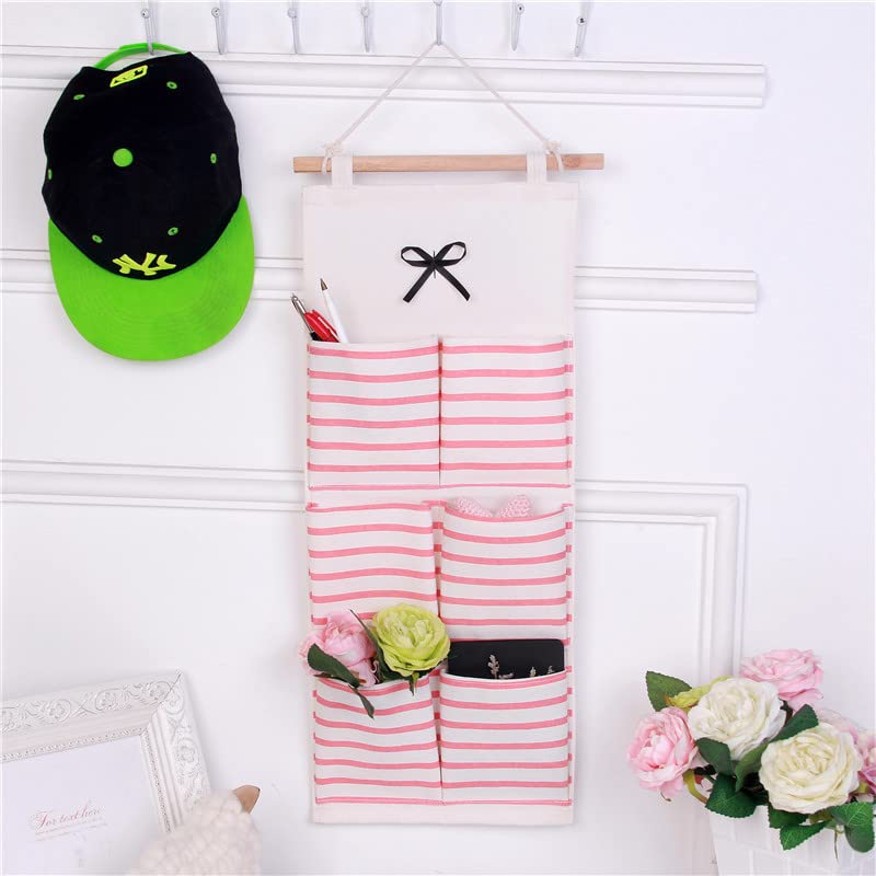Halyuhn 24 x 10 Inch 6 Pockets Wall Hanging Storage Bag, White Red Striated Waterproof Linen Fabric Organizer with Self Adhesive Hook Wood Bar, Narrow 3-Shelf Over The Door Closet Pockets Chart