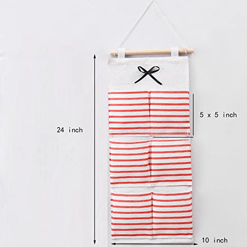 Halyuhn 24 x 10 Inch 6 Pockets Wall Hanging Storage Bag, White Red Striated Waterproof Linen Fabric Organizer with Self Adhesive Hook Wood Bar, Narrow 3-Shelf Over The Door Closet Pockets Chart