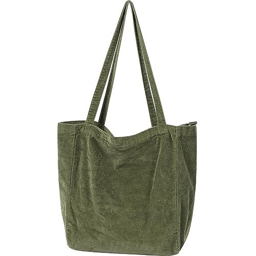 WantGor Large Corduroy Tote Bag, Women Zipper Shoulder Handbags Casual Travel Hobo Bag Shopping Work Bags (Army Green)
