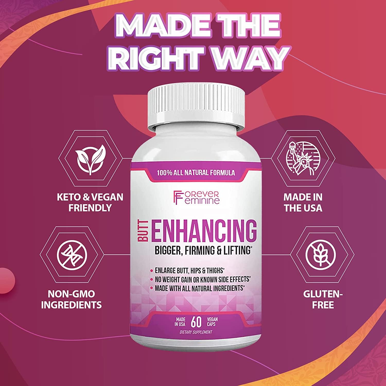 Forever Feminine Premium Butt Enhancer Pills - Big Butt Growth Formula - Shape, Lift, and Firm - Bigger Booty Glute Enhancement Products - 60 ct