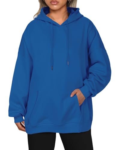 Zeagoo Long Sleeve Hoodies for Women Cotton Fleece Hoodies Solid Crewneck Tunic Sweatshirts Y2k Clothes Deep Blue Medium