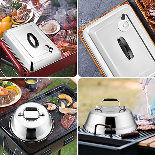 2Pcs Melting Dome for Griddle, Leonyo 13" Rectangle Basting Cover with Adjustable Vent, Stainless Steel 9" Round Burger Dome Lid for Cheese, BBQ Heavy Duty Metal Steam Cover for Flat Top Grill