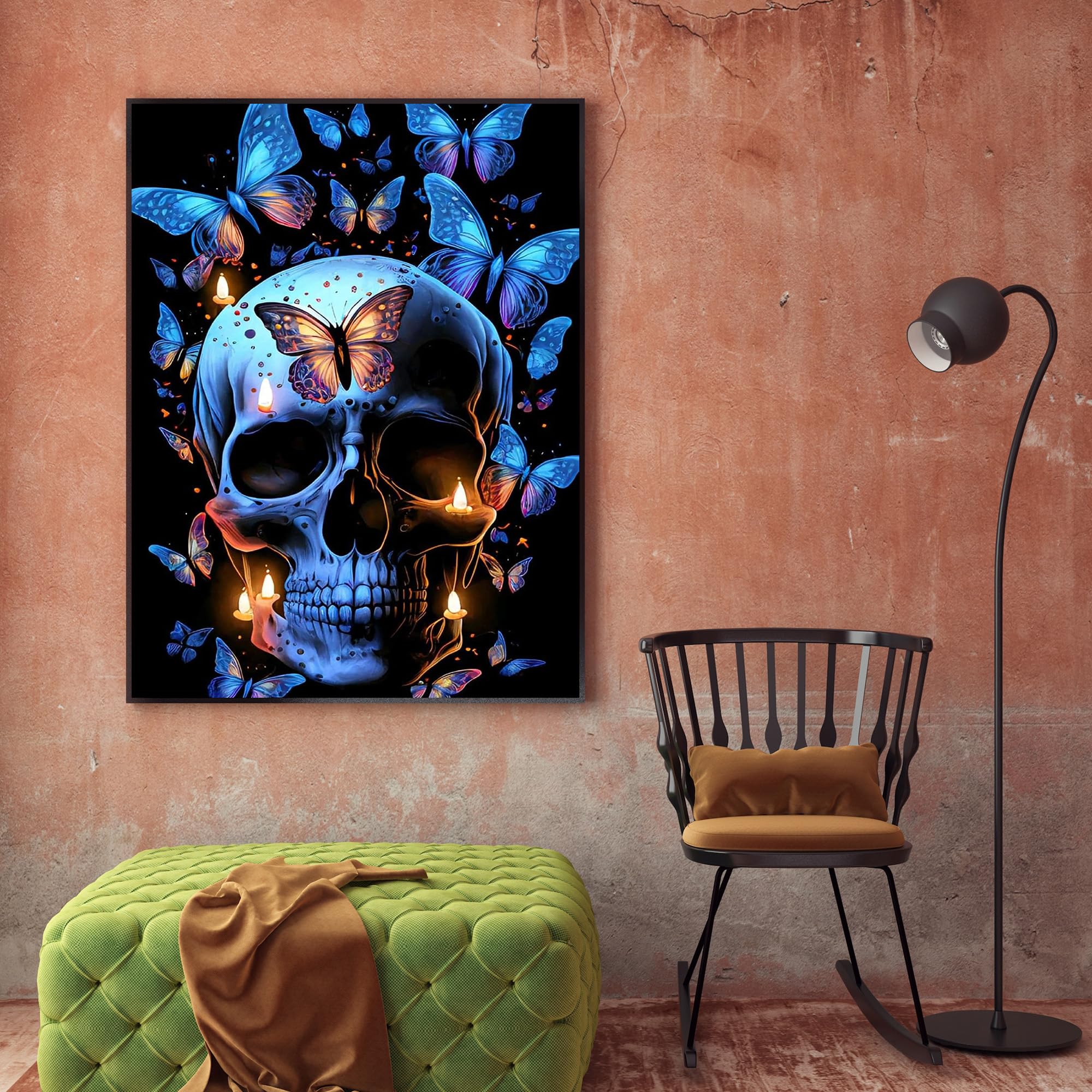 KINPLUB Skull Butterfly Diamond Painting Kits for Adults, 5D Horror Diamond Art Kits, DIY Paint with Diamonds Kit, Full Drill Round Diamond Dots for Halloween Home Wall Decor 12 x 16 Inch