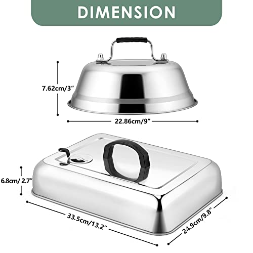 2Pcs Melting Dome for Griddle, Leonyo 13" Rectangle Basting Cover with Adjustable Vent, Stainless Steel 9" Round Burger Dome Lid for Cheese, BBQ Heavy Duty Metal Steam Cover for Flat Top Grill