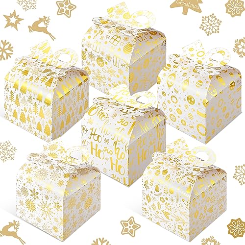 Fulmoon 24 Pcs Christmas Gift Boxes Metallic Christmas Treat 3D Xmas Goody Candy Cookie with Bow Paper Goodie Gift Wrapping Boxes for Holiday Party Favor Supplies(Gold)