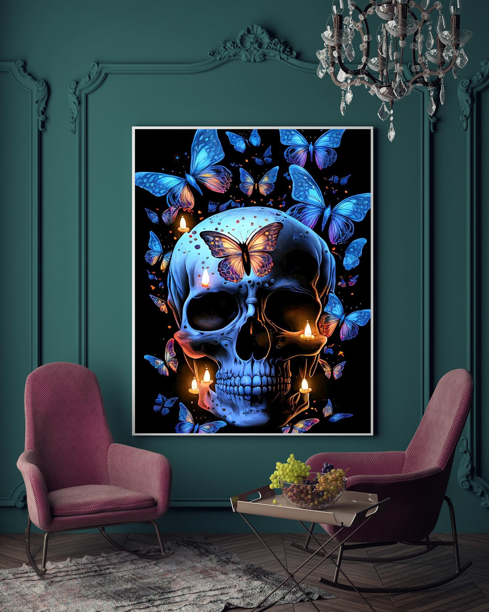 KINPLUB Skull Butterfly Diamond Painting Kits for Adults, 5D Horror Diamond Art Kits, DIY Paint with Diamonds Kit, Full Drill Round Diamond Dots for Halloween Home Wall Decor 12 x 16 Inch