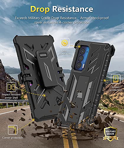 for Motorola Edge 2021 / Moto Edge 5G UW Case: Built-in Screen Protector Kickstand Full-Body Military Grade Three-Layer Protective Shockproof Rugged Phone Cover with Belt Clip Holster Black