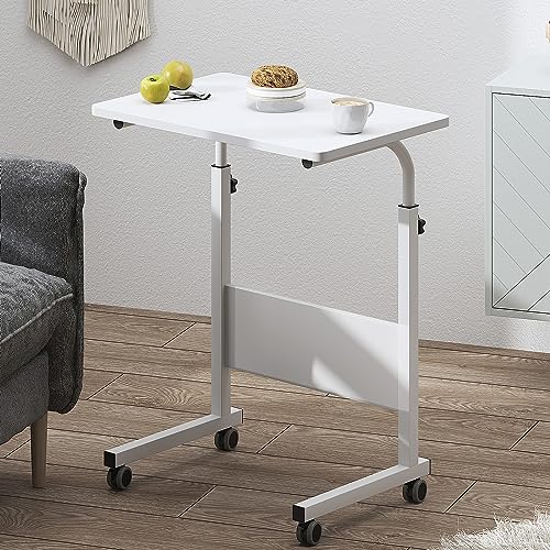 DlandHome Rolling Desk Mobile Standing Desk Mobile Side Table 23.6 Inches w/Wheels Adjustable Movable Portable Laptop Computer Stand for Bed Sofa,White